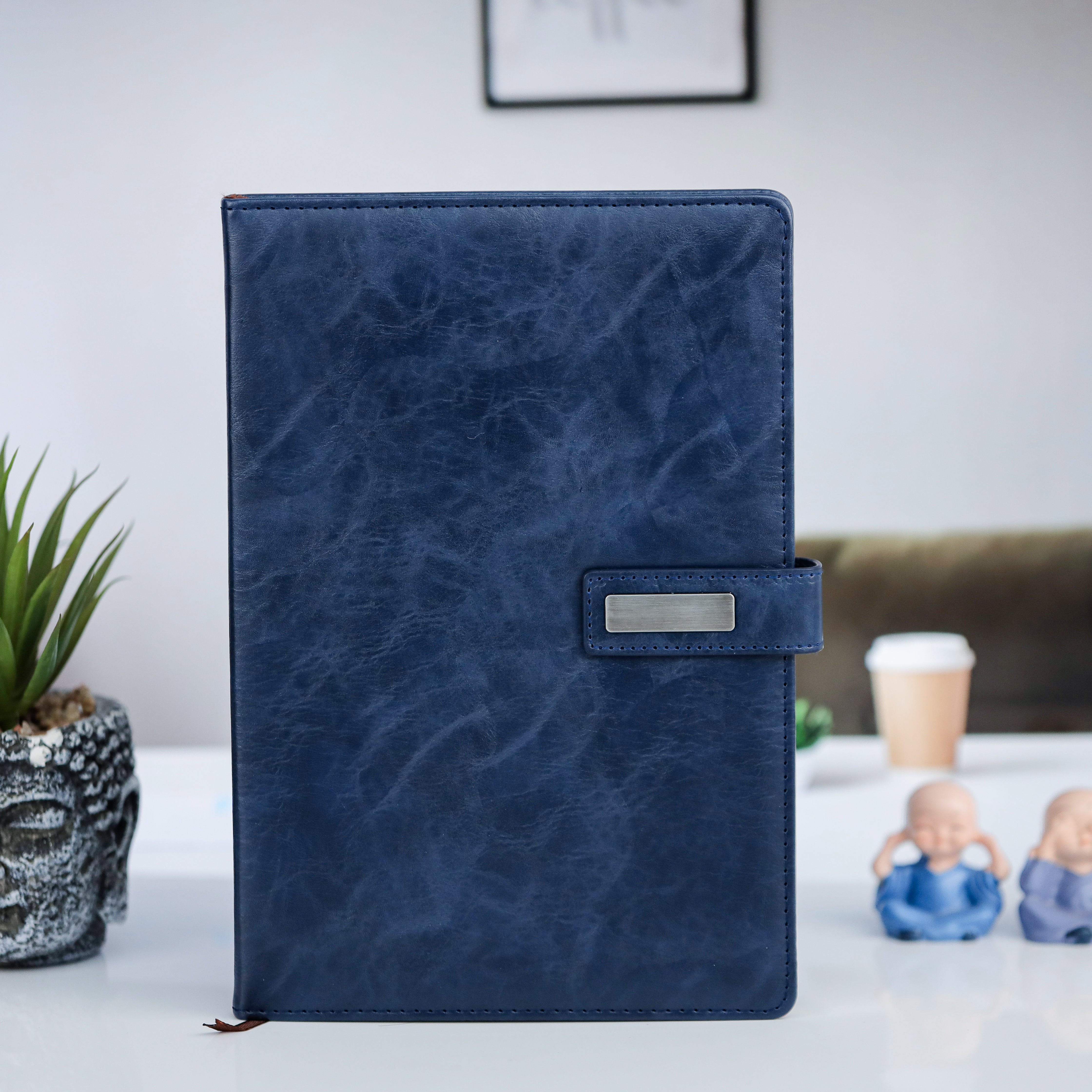 Elegant Navy Blue Leather Notebook with Metal Clasp – Laser art
